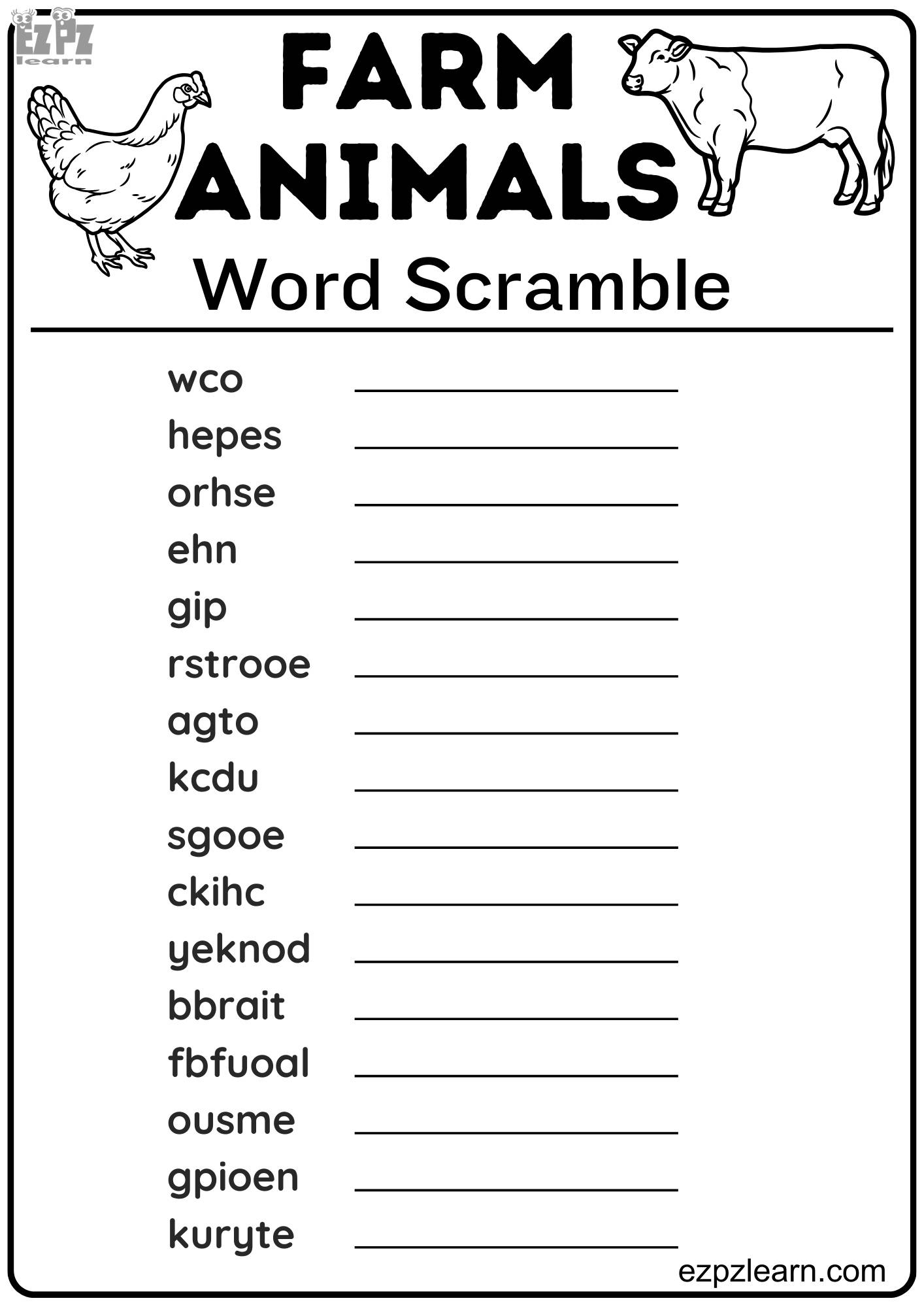 Farm Animals Word Scramble Activity 16 Words Free Downloadable PDF - Ezpzlearn.com